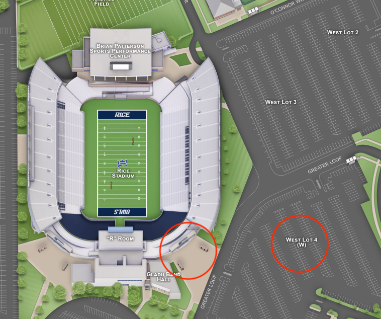Parking will be provided in West Lot 4 . Enter Rice Stadium through Gate 4.
